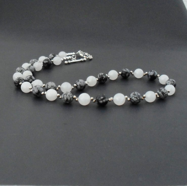 Snowflake obsidian & white jade necklace - Folksy