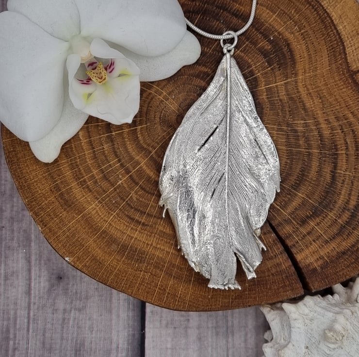 Real feather preserved in silver, pendant necklace - Folksy