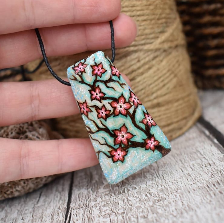 Cherry tree blossom pyrography pendant. Wooden ... - Folksy