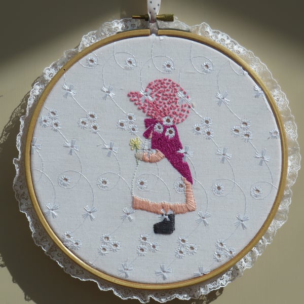 Hoop embroidery of a girl in pink - Folksy