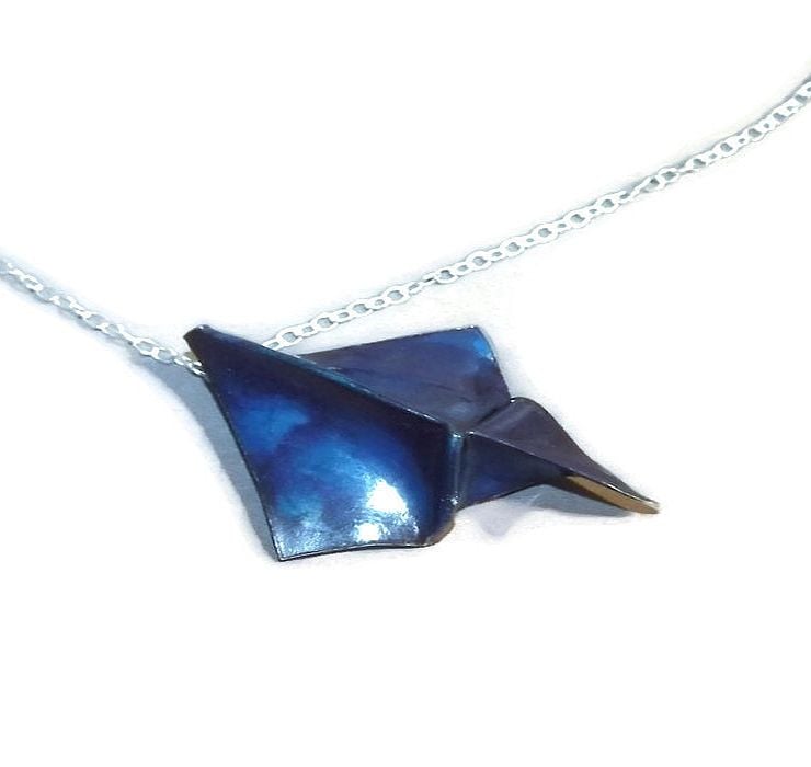 fold formed copper, blue square pendant - Folksy