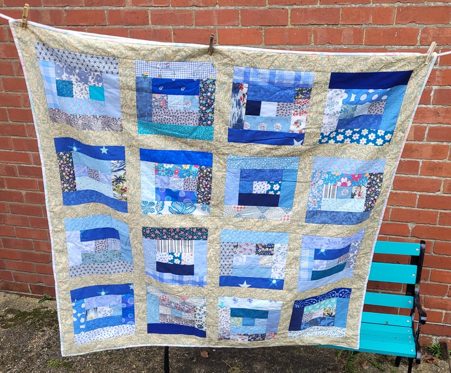 Homemade Blue Log cabin Patchwork quilt (1) - Folksy