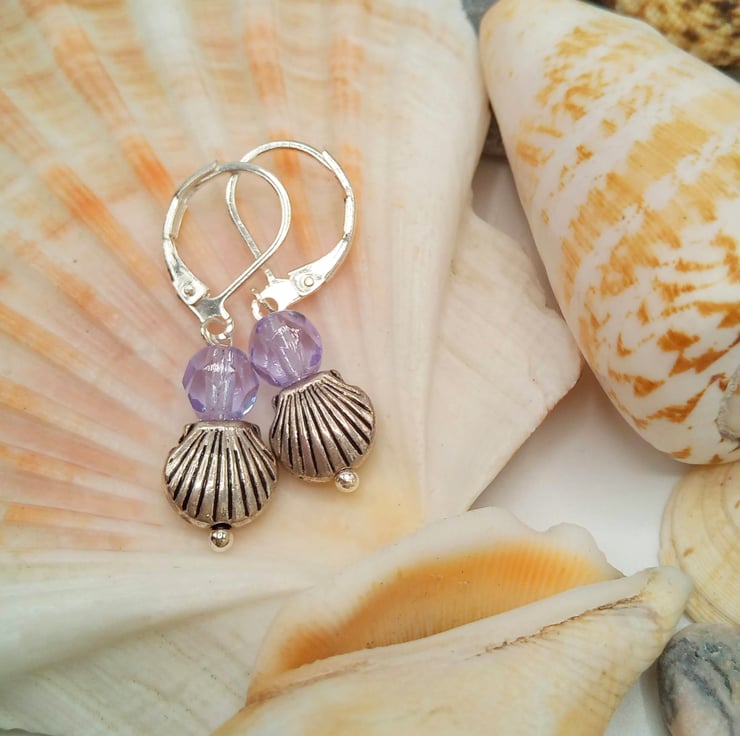 Clam Shell Charm and Lilac Glass Crystal Lever ... - Folksy