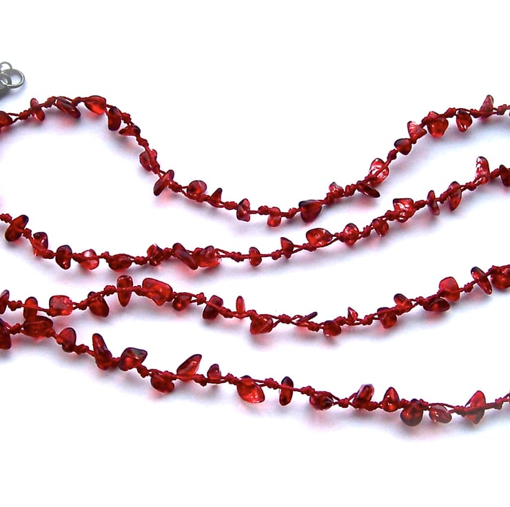 Long red necklace, Knotted bead necklace, Ruby ... - Folksy