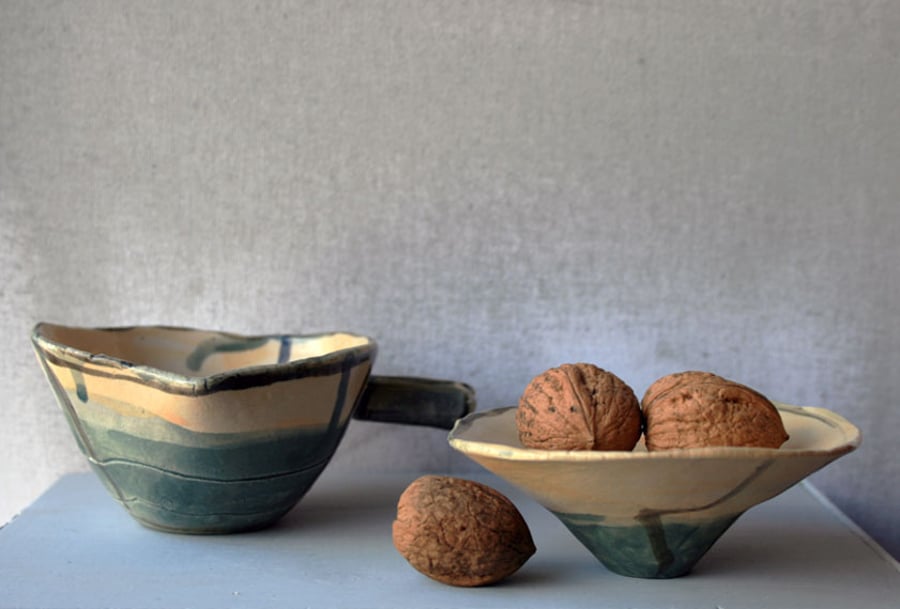 Ceramic still life - bowl and jug - ochre and t... - Folksy
