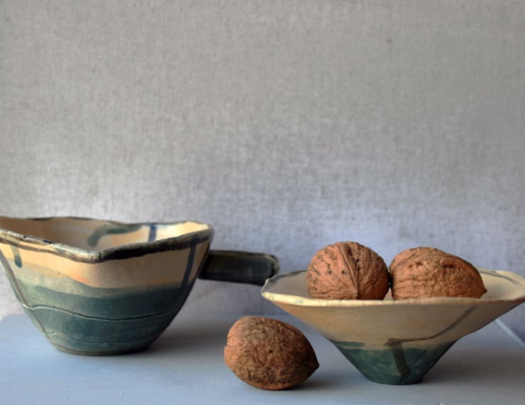 Ceramic still life - bowl and jug - ochre and t... - Folksy