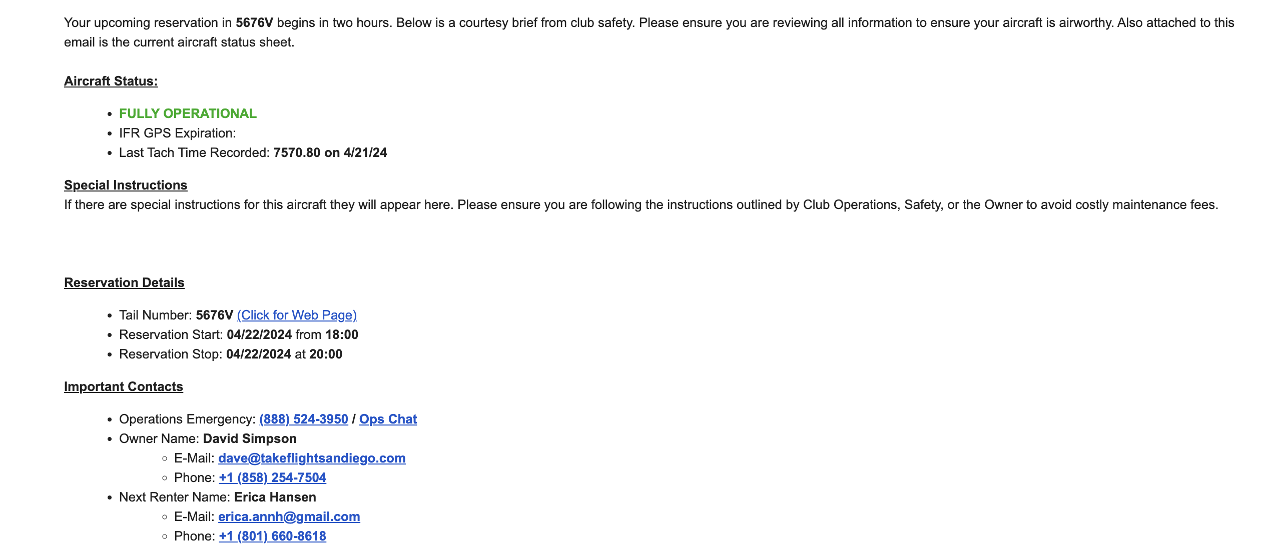 Pre-Flight Reservation E-Mails | Plus One Flyers