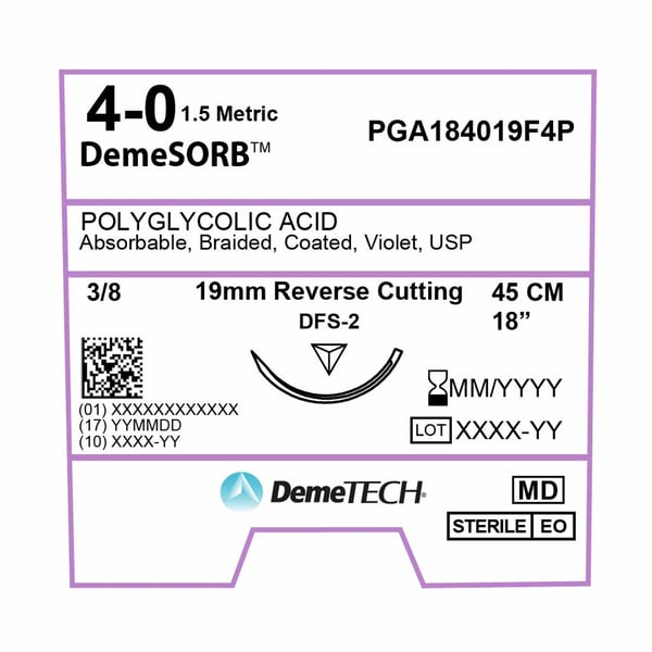 PGA (Polyglycolic Acid) Suture 4-0, Violet, 18", Braided, FS2 (C6), 12PK