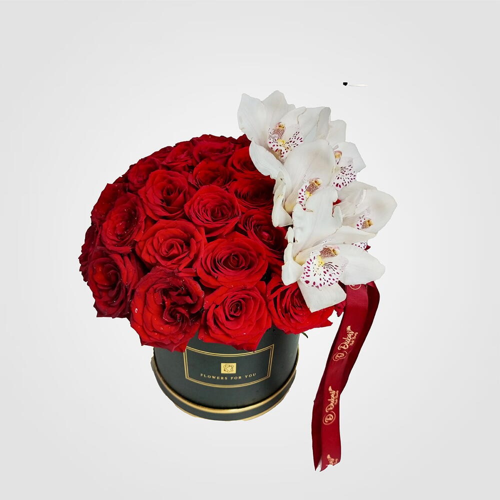 Flower box 'Red Roses N Cymbidium Box' | Order Flower Bouquets Delivery