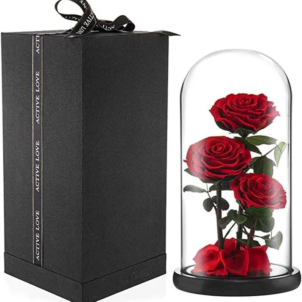 Flower box 'Glass Dome Vase With Three Rose Red' | Order Flower ...