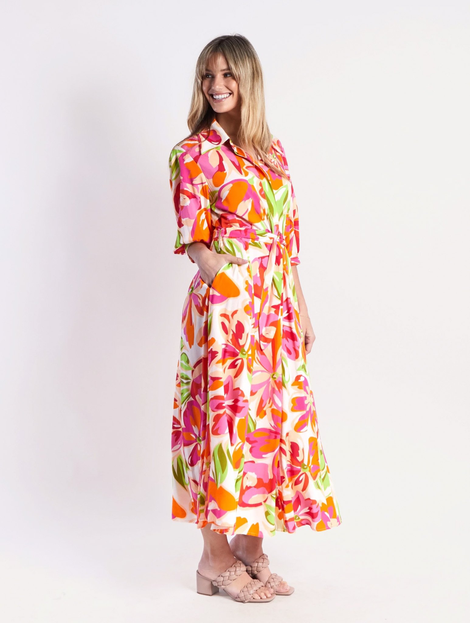 Leoni - Belted A-line Dress Orange - Florence Store