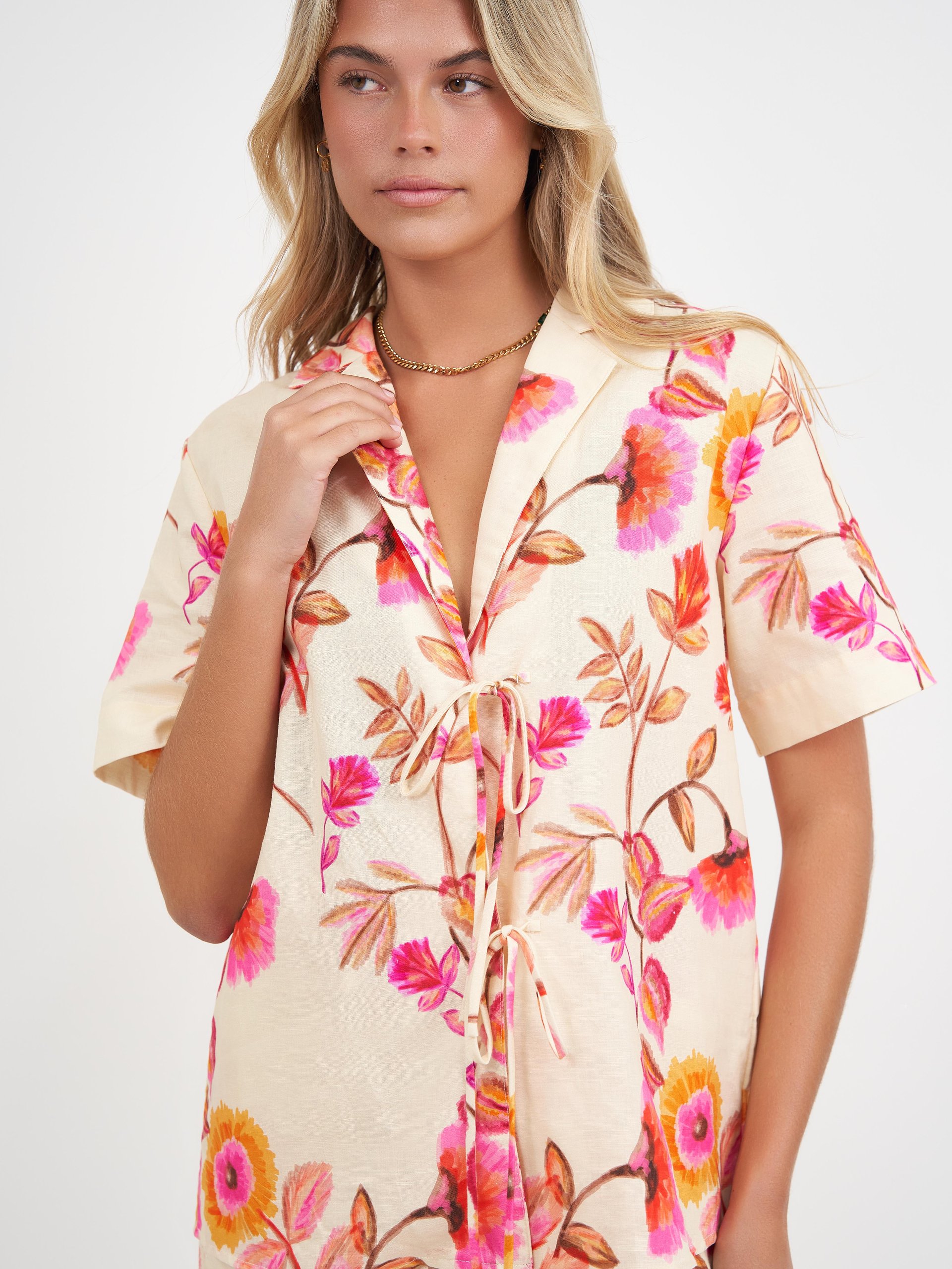 Tie Front Linen Shirt - Pink - Liberty Rose - Florence Store