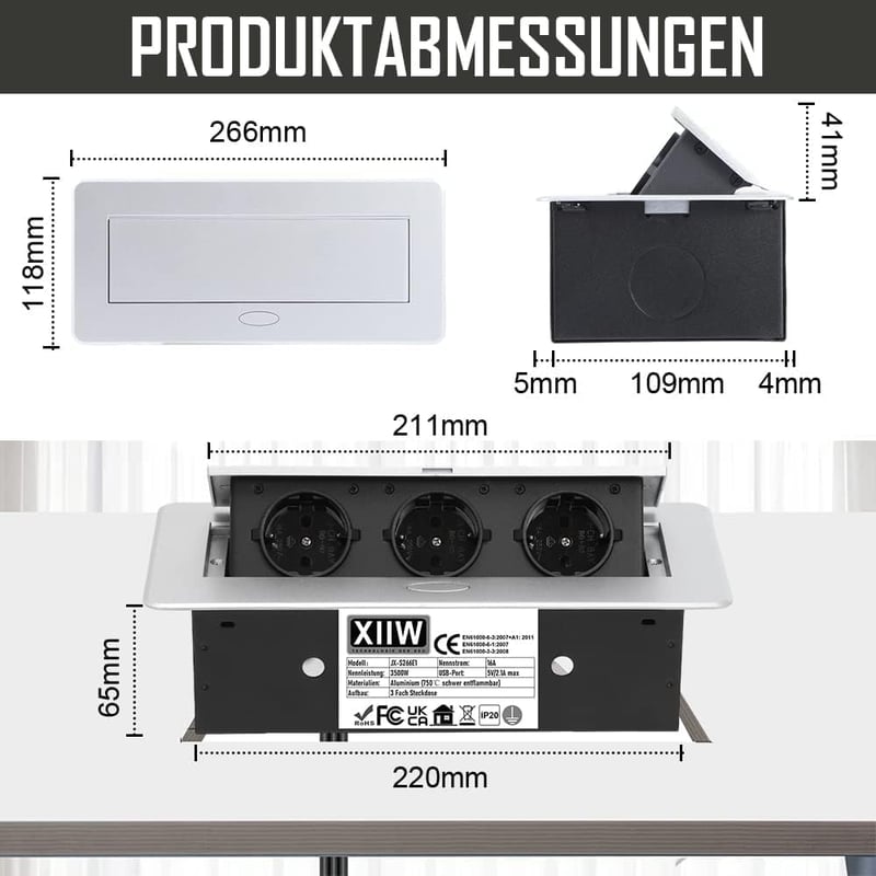 Priza Retractabila din Aluminiu, 3500 W/16 A/230 V, cu 3 Prize, Cablu ...