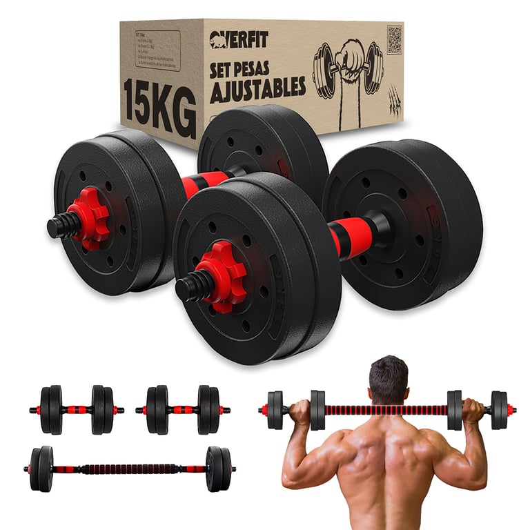 OVERFIT Set Mancuernas Y Barra Unibles 15kg Fitness Pesas Ajustables ...