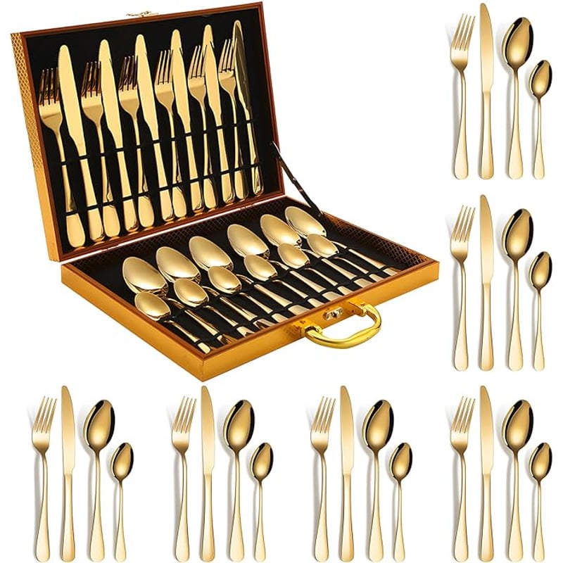 Juego Cuchilleria 24 Piezas Set Cubiertos Dorados Completo Con Maletin ...