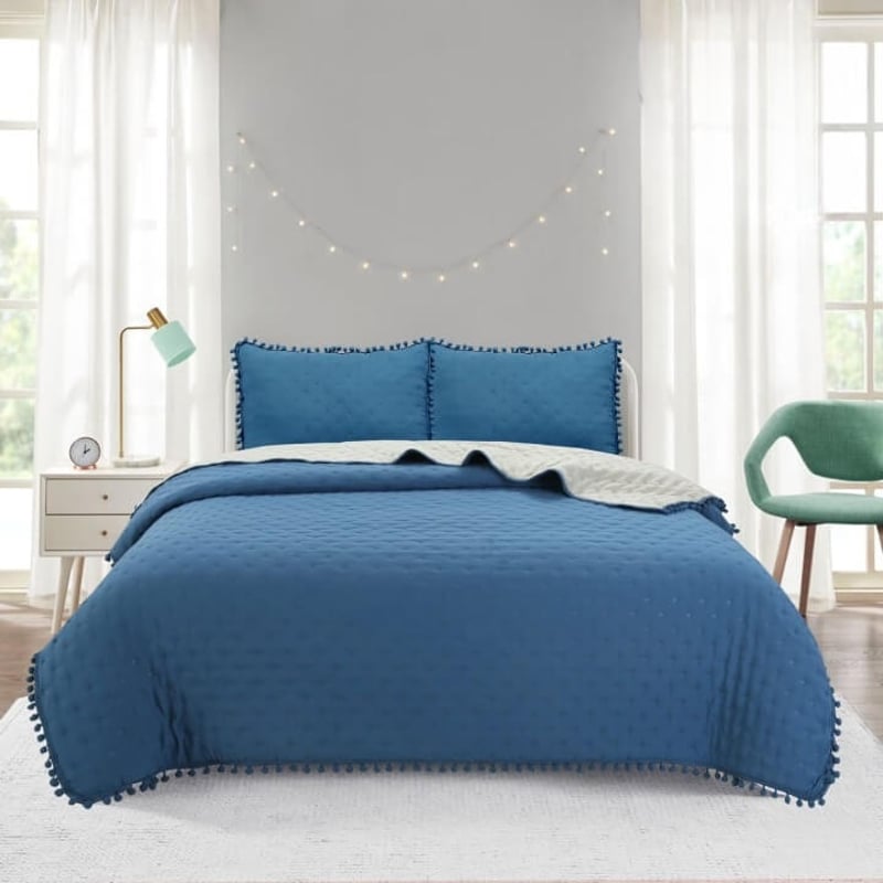 GENERICO Cubre Cama Verano de Algodón con PomPon AZUL | falabella.com