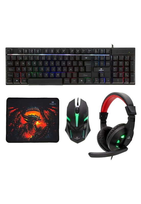 MONSTER Kit Gamer Monster 4 en 1 Teclado Mouse Audífono Mousepad RGB ...