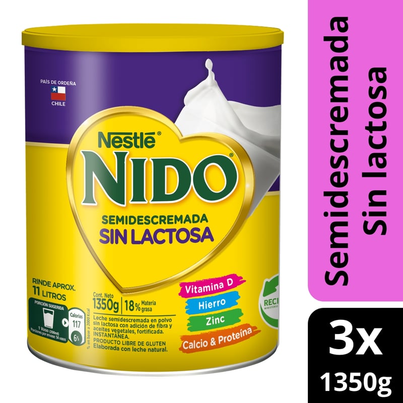 NIDO Leche En Polvo Nido® Semidescremada Sin Lactosa 1350g X3 | falabella.com