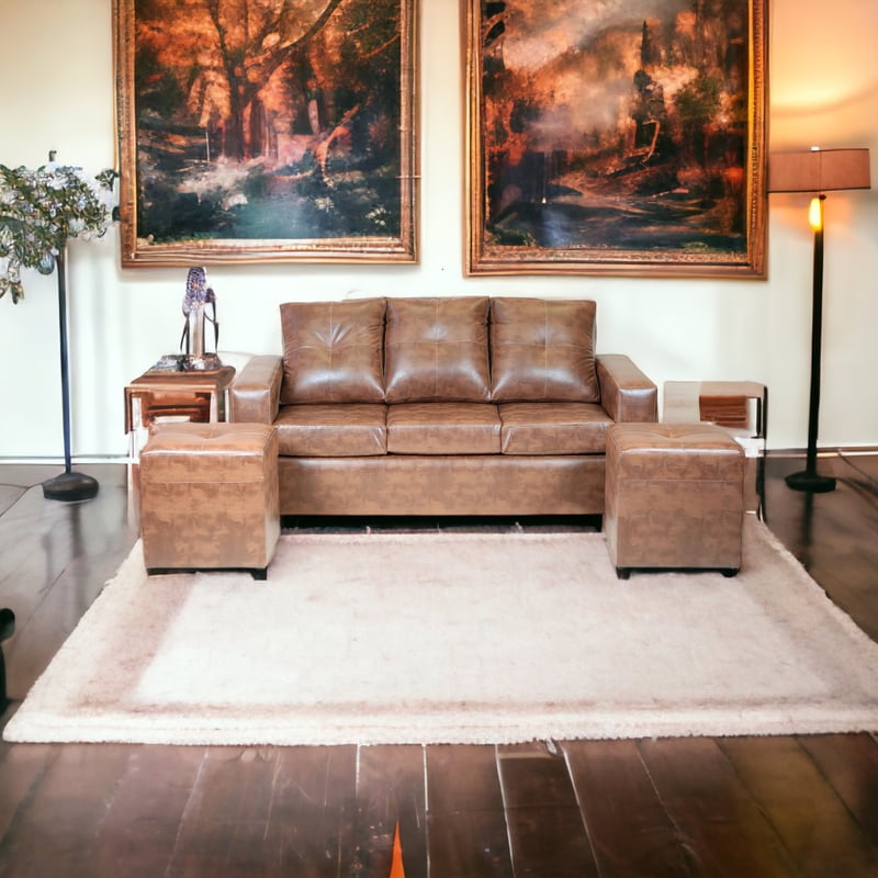 MUEBLES AMERICA Living Emilia Sofá 3 Cuerpos 2 Pouf Pu Caramelo ...
