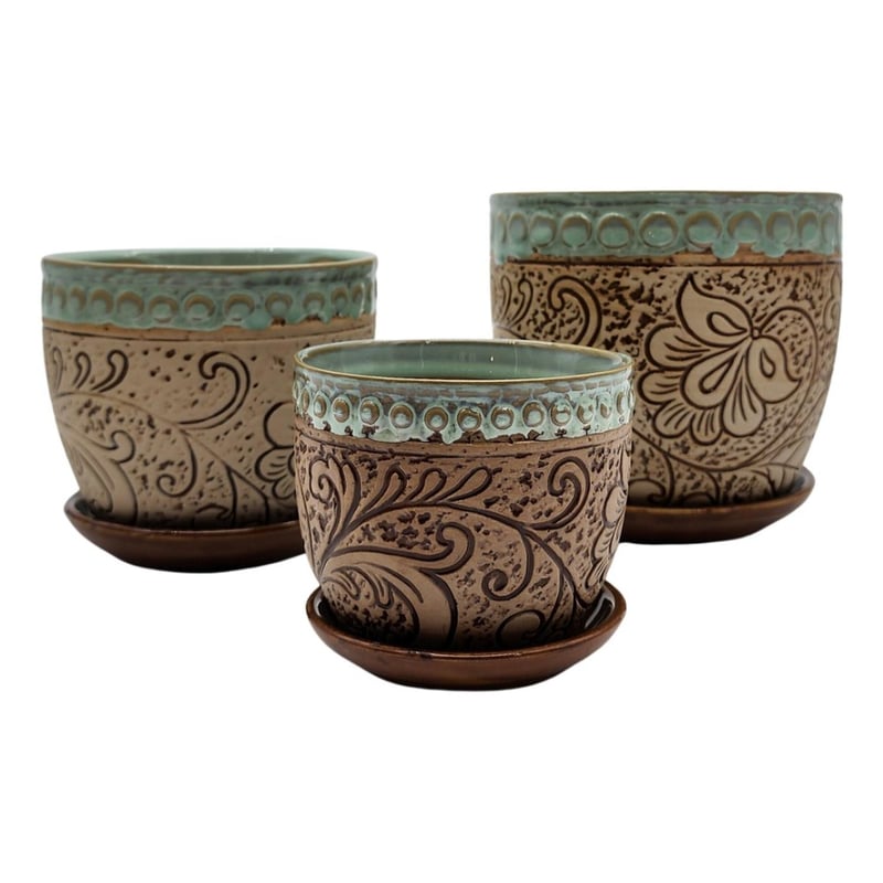 GENERICO Set 3 Maceteros Maceta De Cerámica Diseño Rustico Flores ...