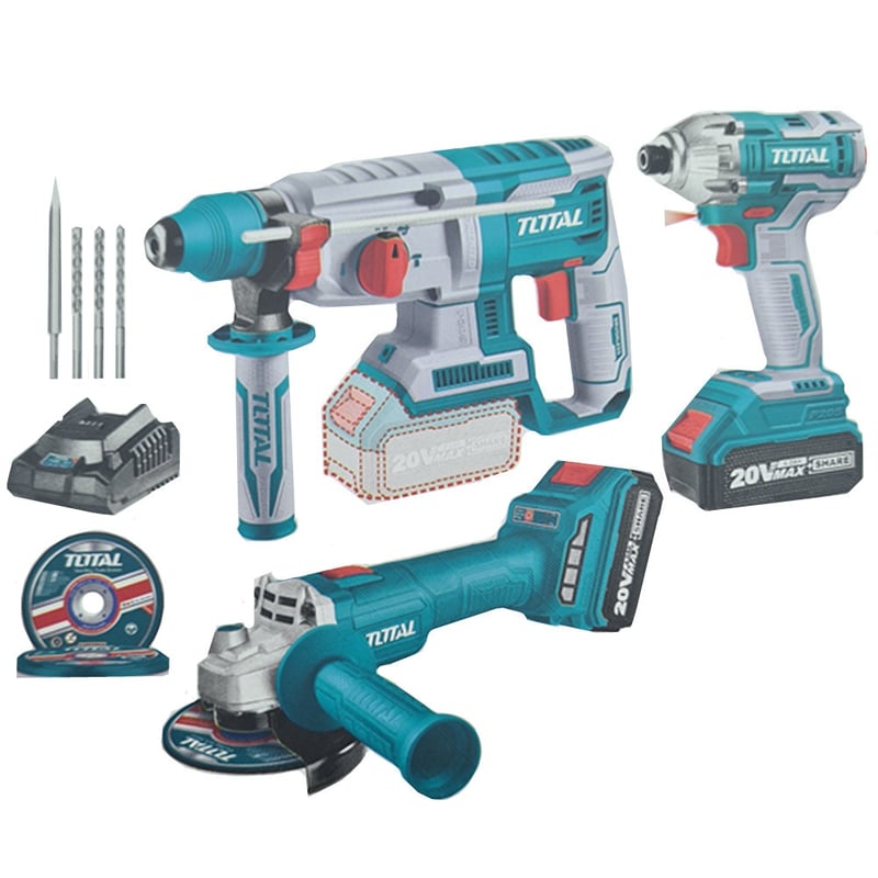 TOTAL TOOLS Kit Atornillador Rotomartillo Galletera Esmeril 20v Total ...