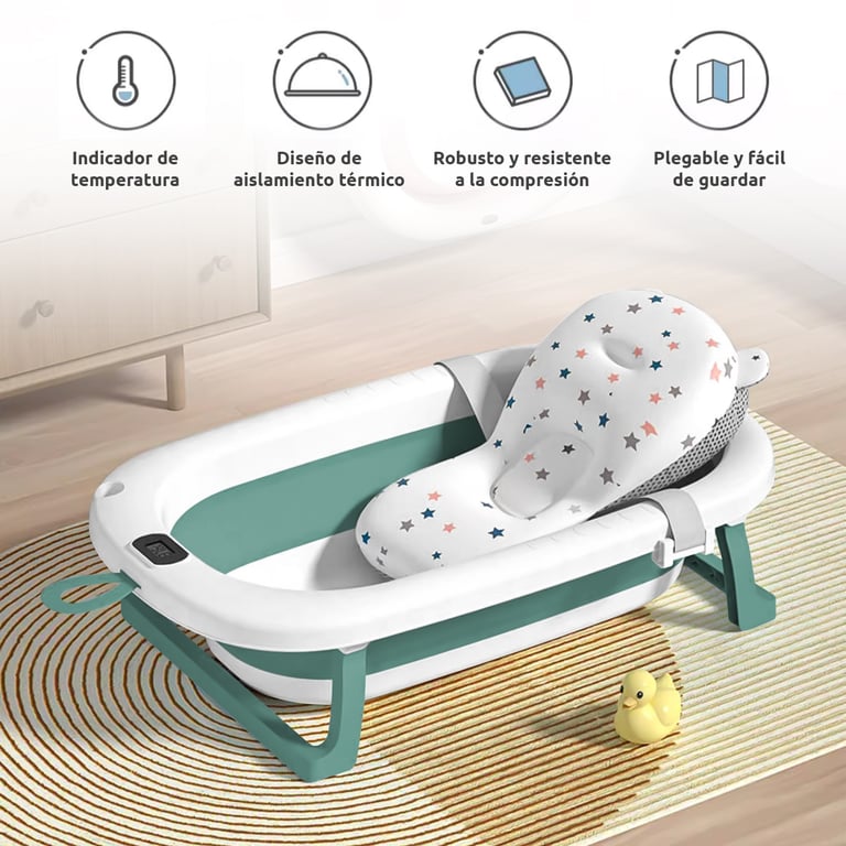 ANIKIDS Tina Bebe Bañera Plegable con Termometro y Cojin Baño Verde ...