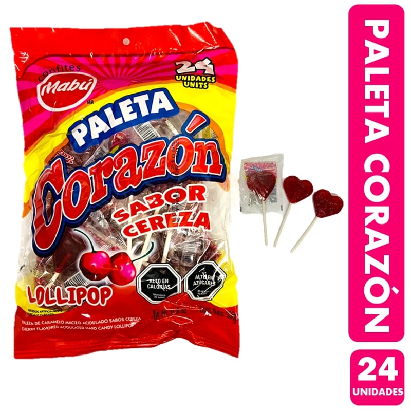 GENERICO Paleta Corazón Mabú - Sabor Cereza (bolsa Con 24 Unidades ...