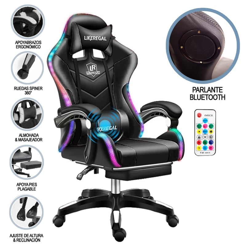 Silla Gamer Luz Rgb Parlante Reposapiés Masajeador Lumbar NEGRO ...
