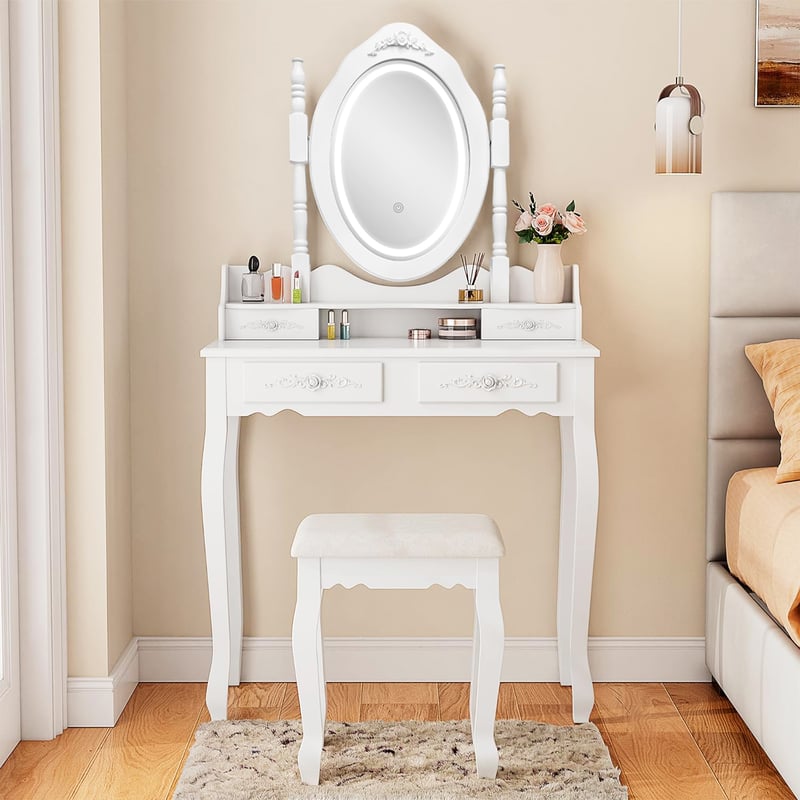 Tocador con espejo iluminado y taburete acolchado blanco | Sodimac ...