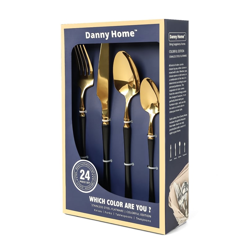 DANNY HOME Set de 24 Cubiertos Acero Inoxidable Colorful Dorado Mango ...