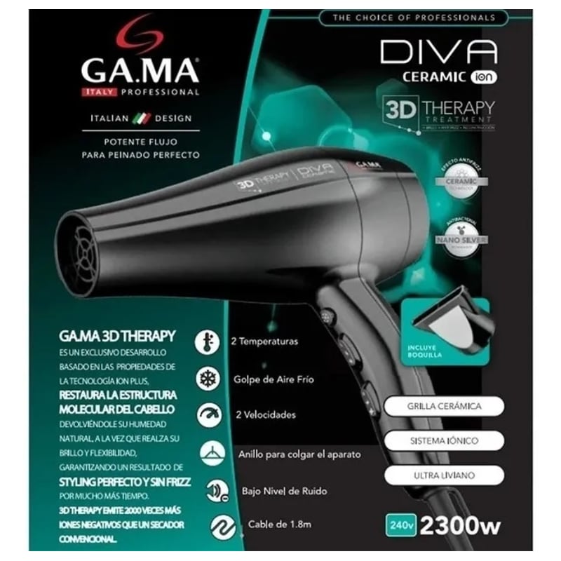 GAMA Secador de pelo GAMA Italy 3D Therapy Diva Ceramic Ion negro 220V ...