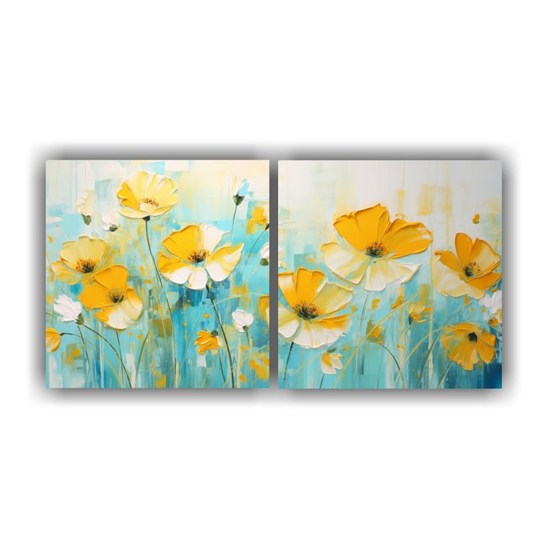 GENERICO Pintura En Lienzo De Flores Amarillas Y Turquesas En Bastido 120x60cm | falabella.com
