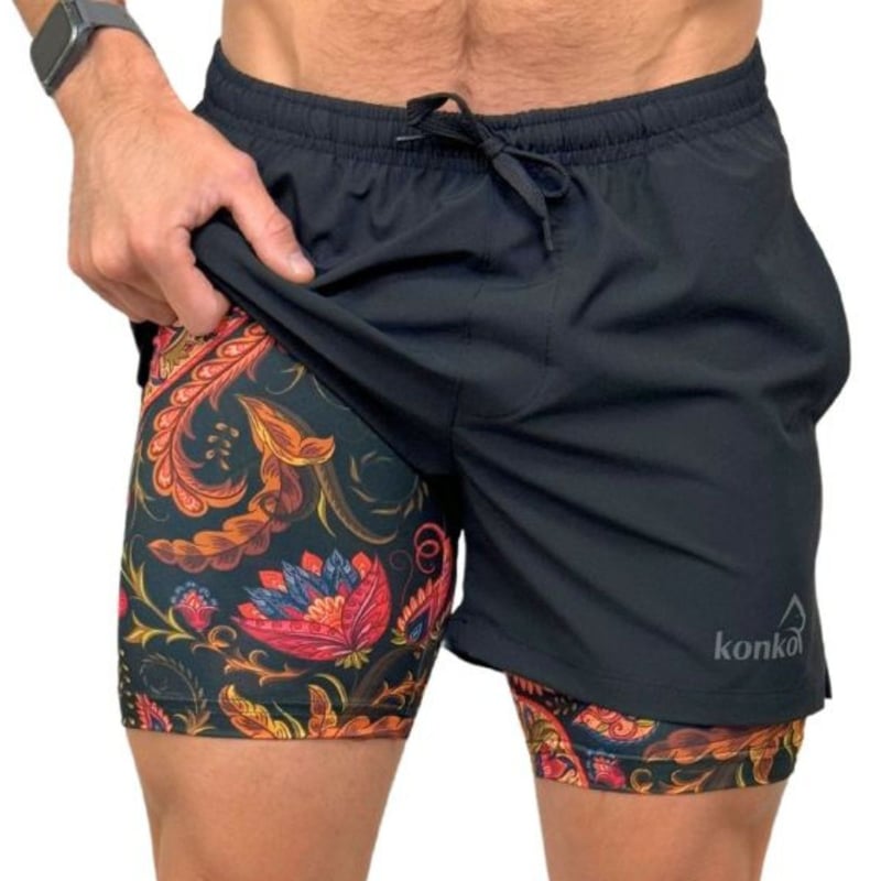 KONKO ACTIVE Eco Short Deportivo 2 en 1 Negro Liso Con Calza Hombre ...