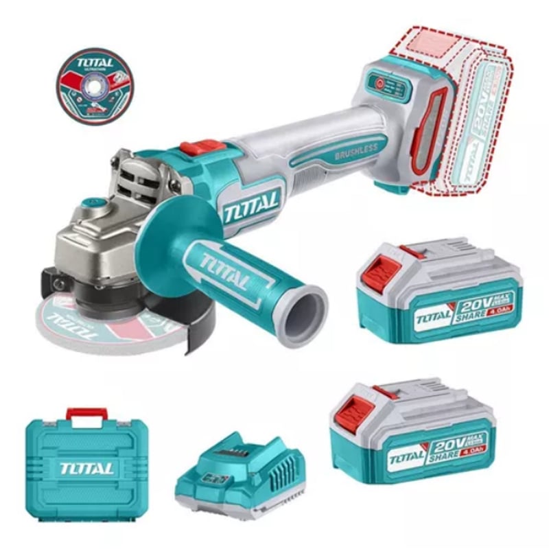 TOTAL TOOLS Esmeril Angular 115mm 20v con 2 Baterias y Cargador ...