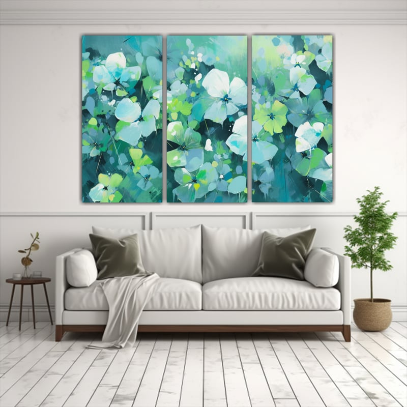 GENERICO Pintura En Lienzo De Flores En Colores Verde Y Cian Para Dec ...
