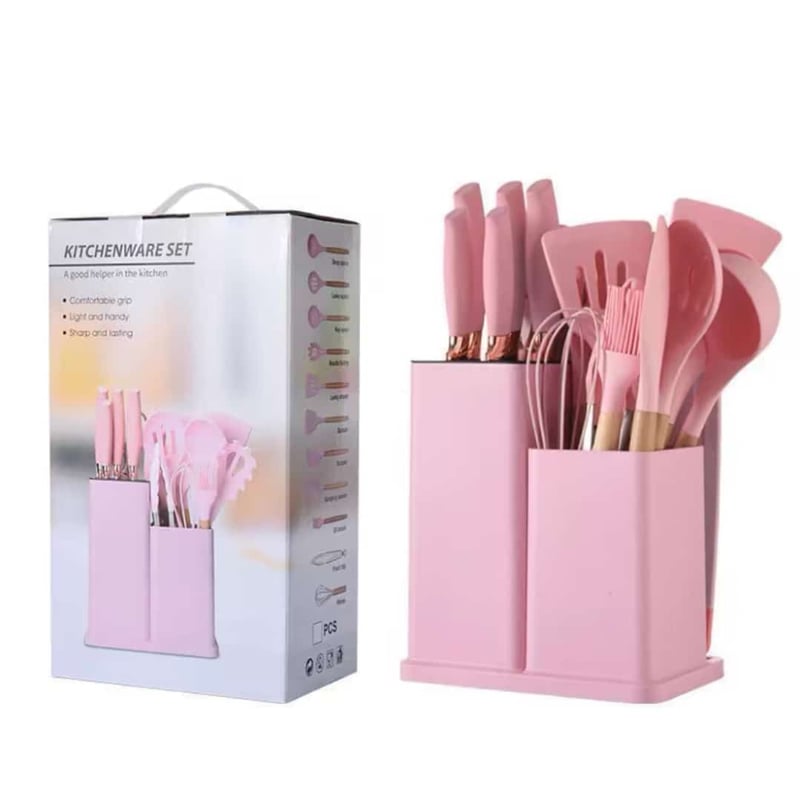 UTENSILIOS DE COCINA DE SILICONA ANTIADHERENTE SET DE 19 PIEZAS ROSA ...