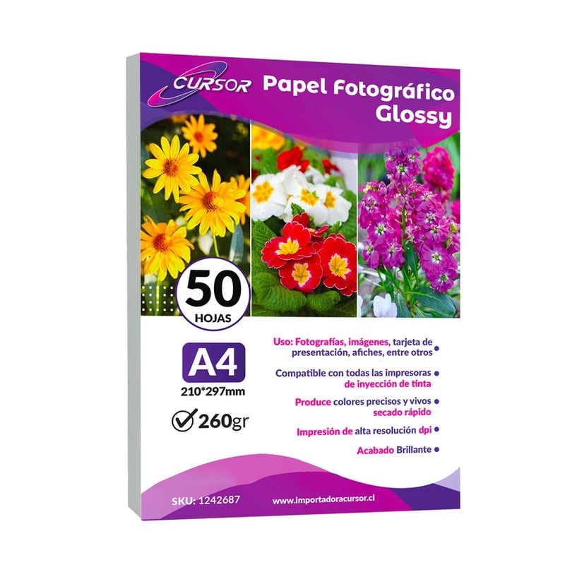 Papel Glossy Fotografico Brillante A4 260g 50 Hojas Cursor | Sodimac - Falabella