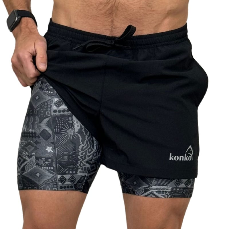 KONKO ACTIVE Short Deportivo Hombre Con Calza 2 en 1 Negro Black Tribal ...