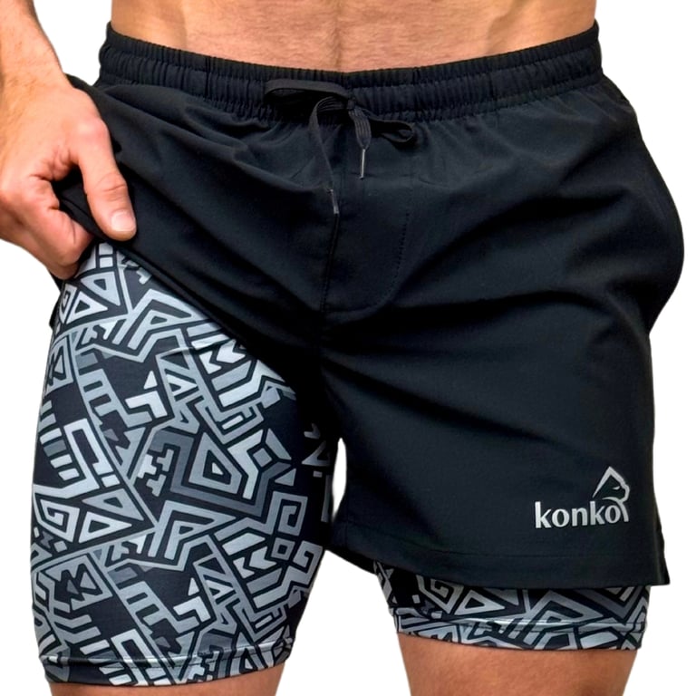 KONKO ACTIVE Short Deportivo Hombre Con Calza 2 en 1 Black Maze Konko ...