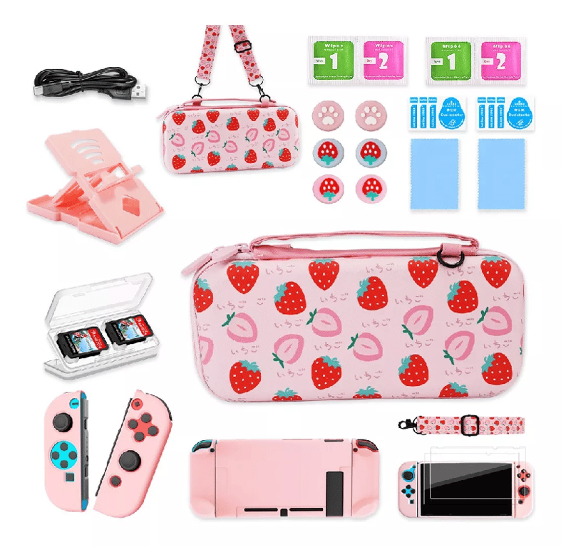 GENERICO Estuche Protector Nintendo Switch Normal Fresa Rosa 22 En 1 ...