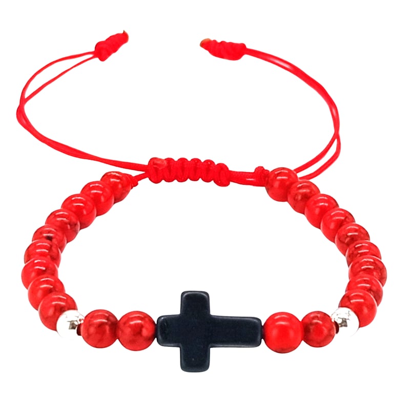 GENERICO Pulsera Howlita Roja con Dije de Cruz y Separadores de Plata ...