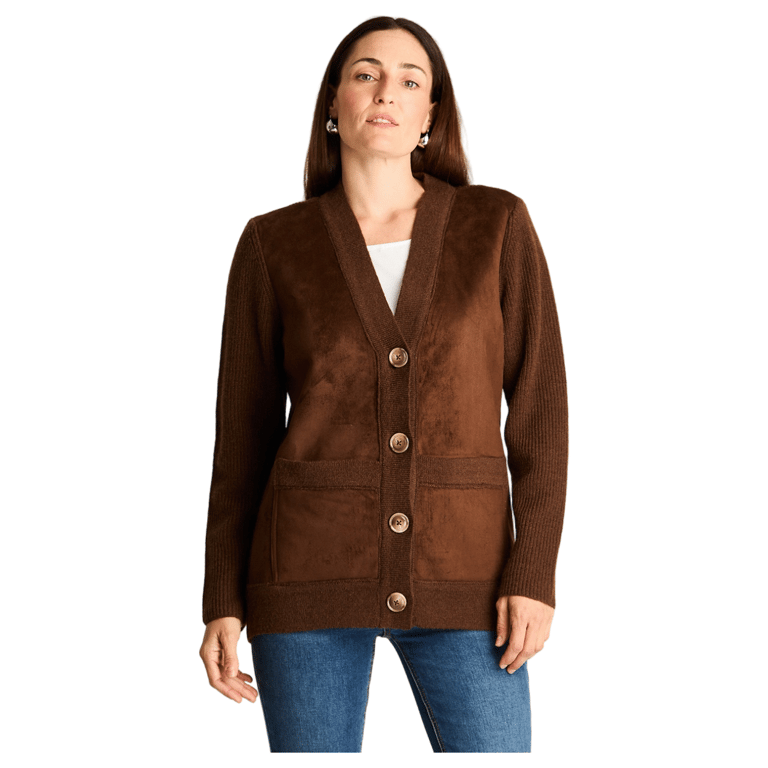 CURVI Cardigan Mix Fabric Con Aplicación De Suede Bonded , Y Bolsillos ...