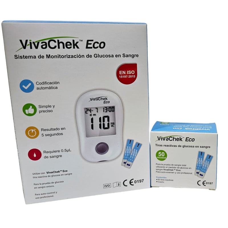 KIT GLUCOMETRO VIVACHECK ECO 50 TIRAS Y 50 LANCETAS ECO | falabella.com