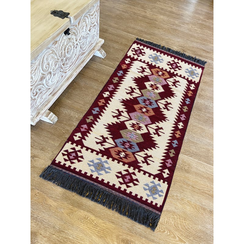 Tapete Kilim Diseño Antep 120x60 cm - Karesi Beige con vino tinto ...