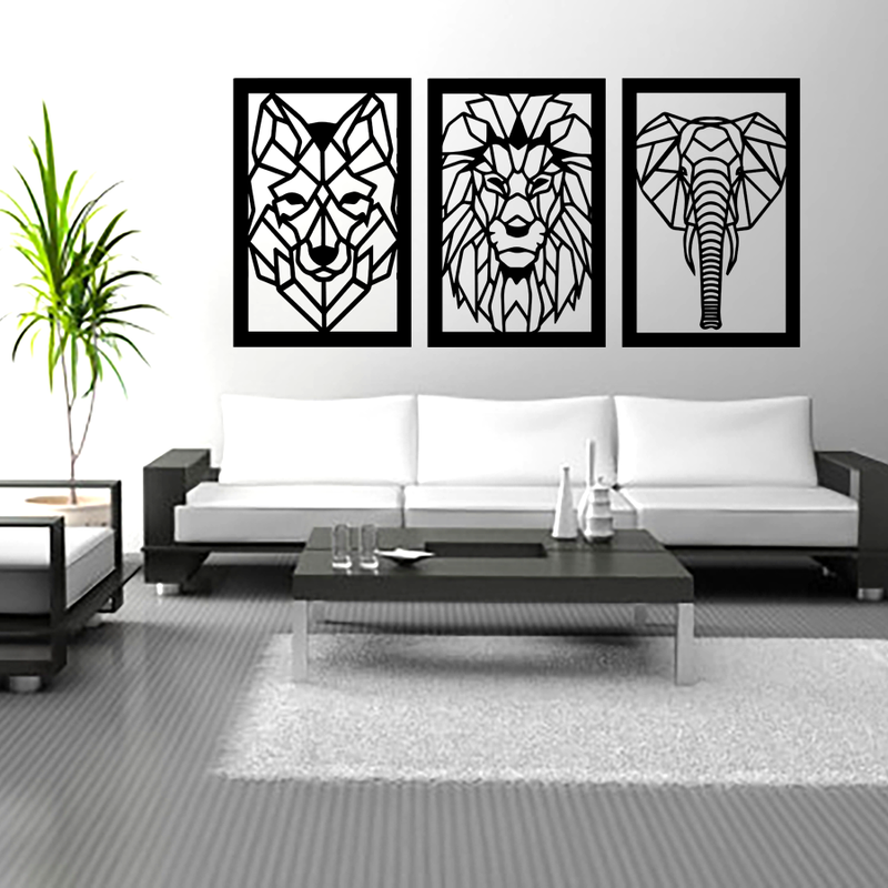 Cuadro decoración pared Tríptico Elefante Lobo León 120x60cm MDF Negro ...