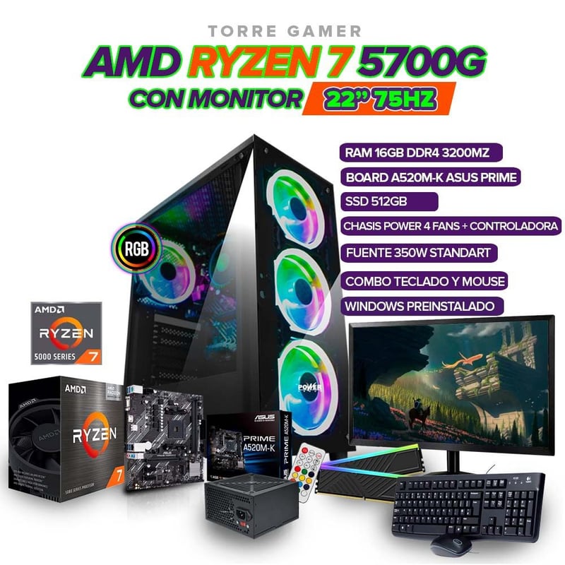 PC GAMER RYZEN 7 5700G /SSD 512GB/ RAM 16GB 3200MHZ/ BOARD A520 ...