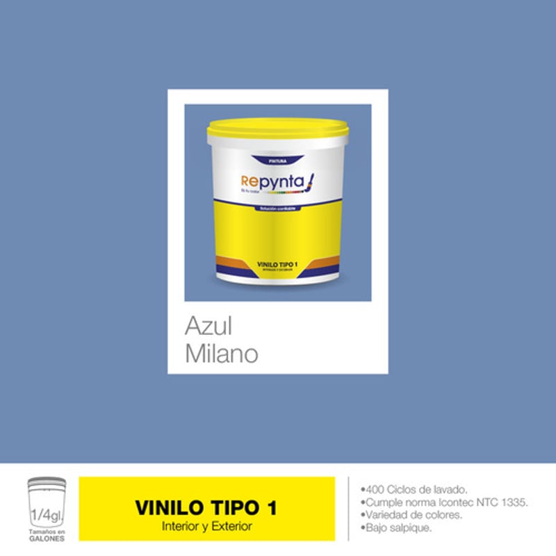 VINILO TIPO 1 BASE AGUA AZUL MILANO CUARTO GALON REPYNTA REPYNTA ...