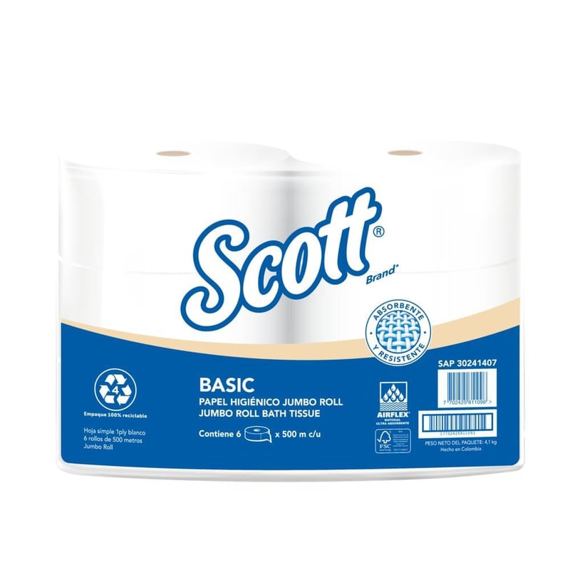 Papel Higienico Jumbo Scott Basic Hoja Sencilla Blanco 500 Mt SCOTT ...