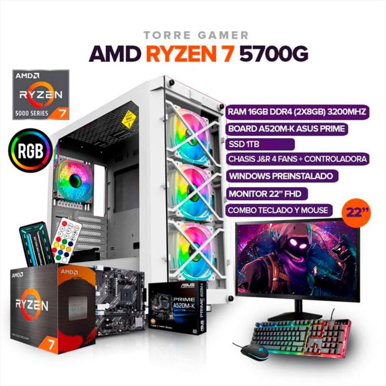 PC GAMER RYZEN 7 5700G /16GB RAM/ SSD 1TB /BOARD A520M-K/ MONITOR 22 ...