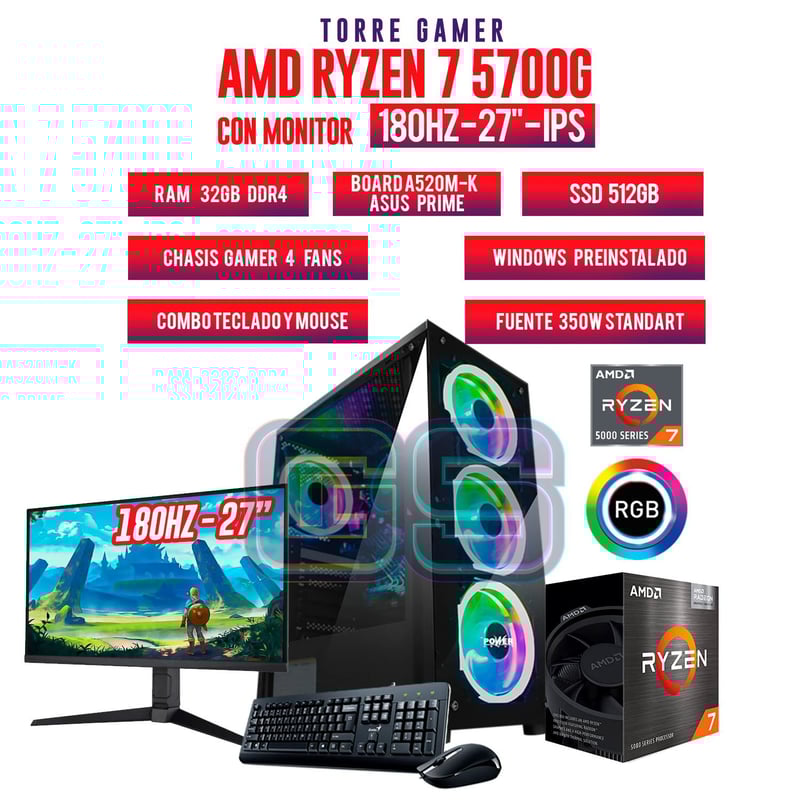 PC GAMER RYZEN 7 5700G/ RAM 32GB/ SSD 512GB/ MONITOR 27 180hz FHD 1Ms ...